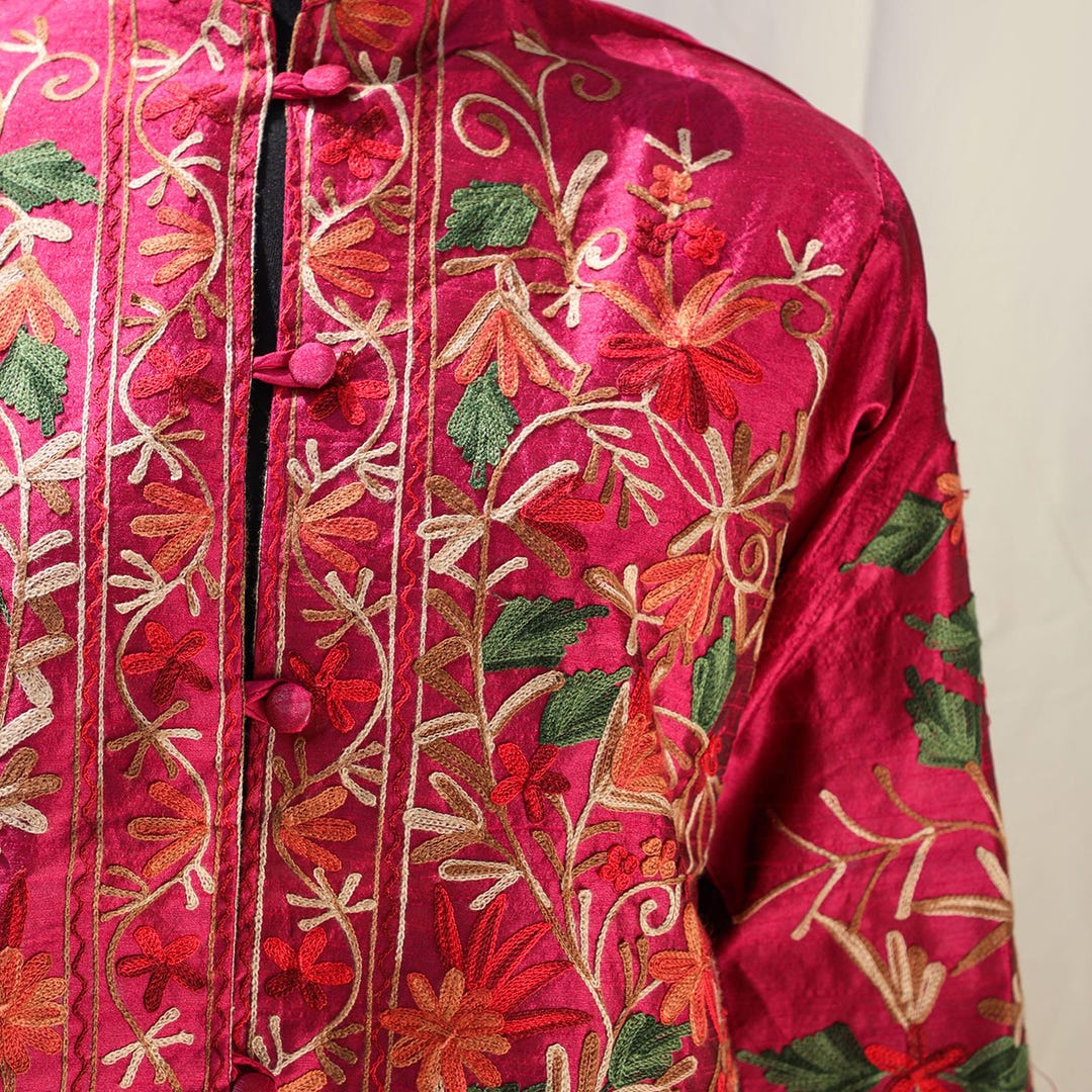 Pink Floral Short Jacket Kashmiri, Embroidered Work on Raw Silk, Ethnic ...