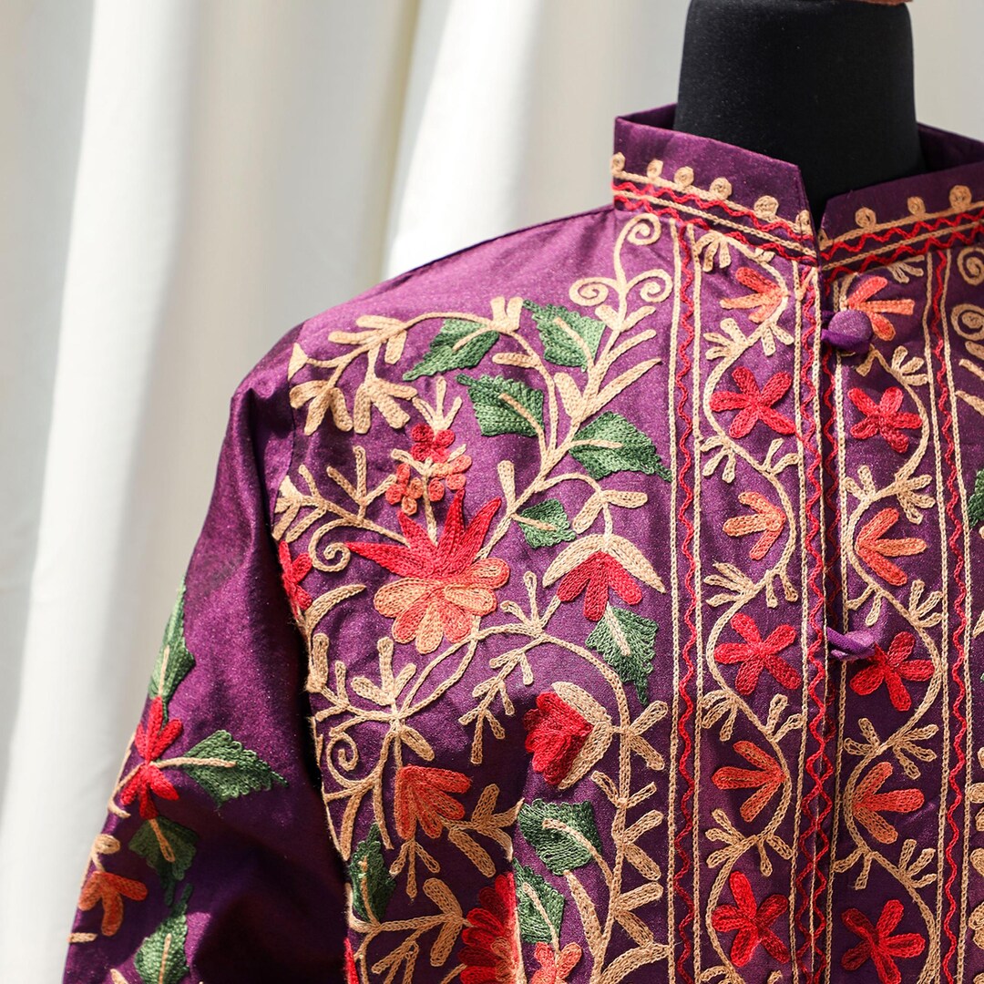 Purple Floral Short Jacket Kashmiri, Embroidered Work on Raw Silk ...