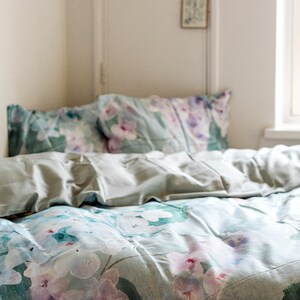 Pastel Floral Duvet Set in Luxe Sateen Cotton Handmade With Light Sage ...