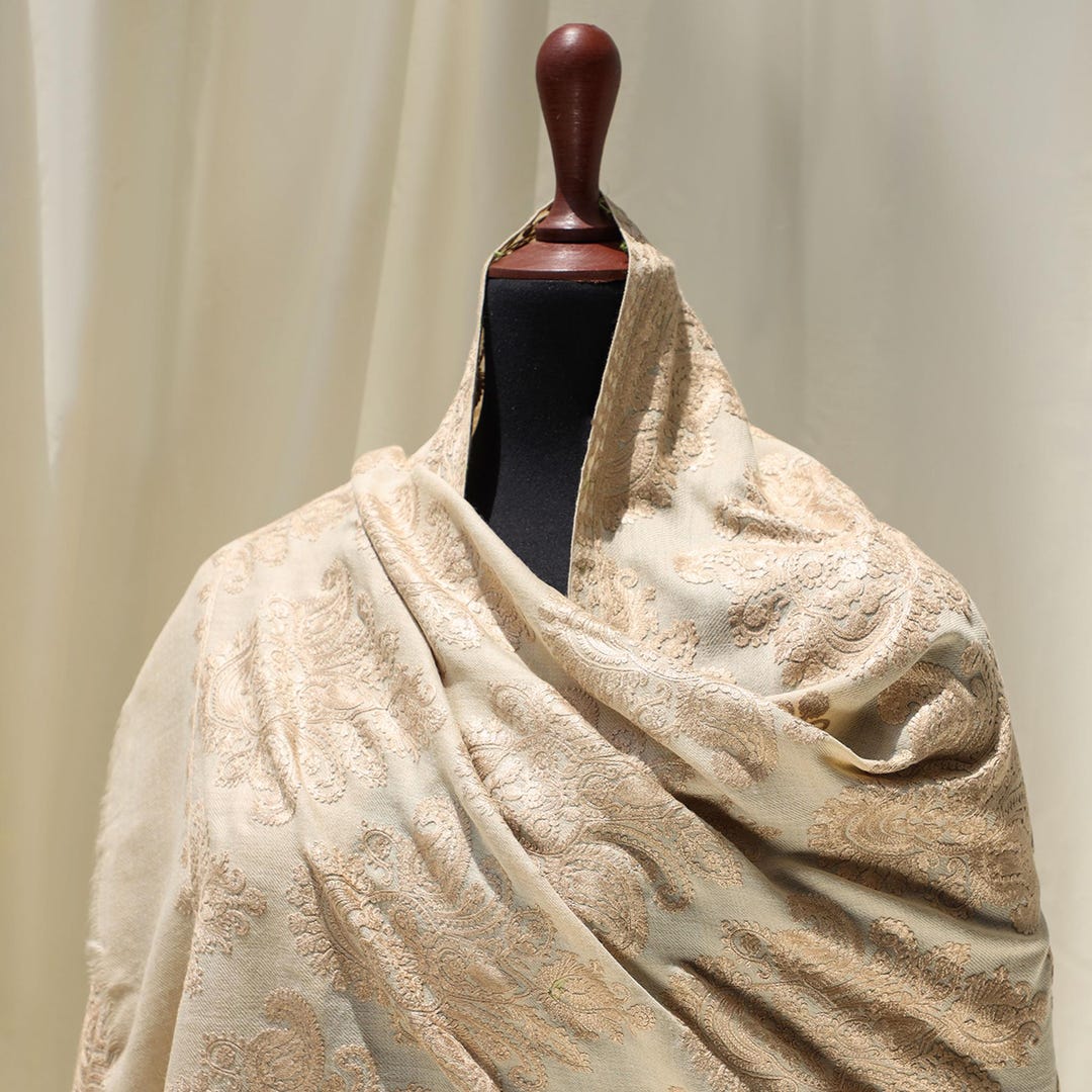 Beige Silk Pashmina Shawl With Beige Bold Motif Embroidery All Over ...