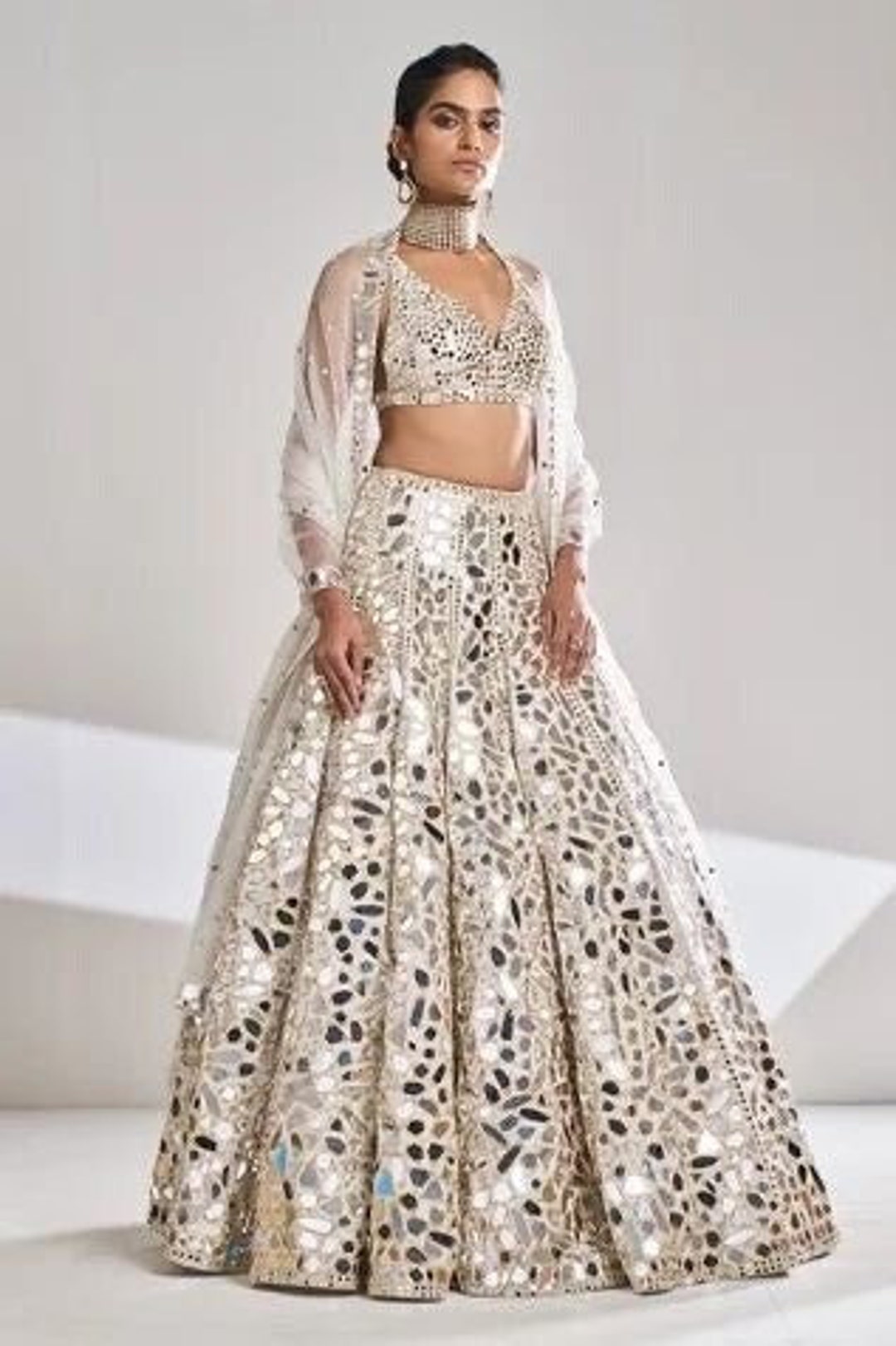 Off White Bridal Indian Wedding Heavy Mirror Embroidered Lehenga With ...