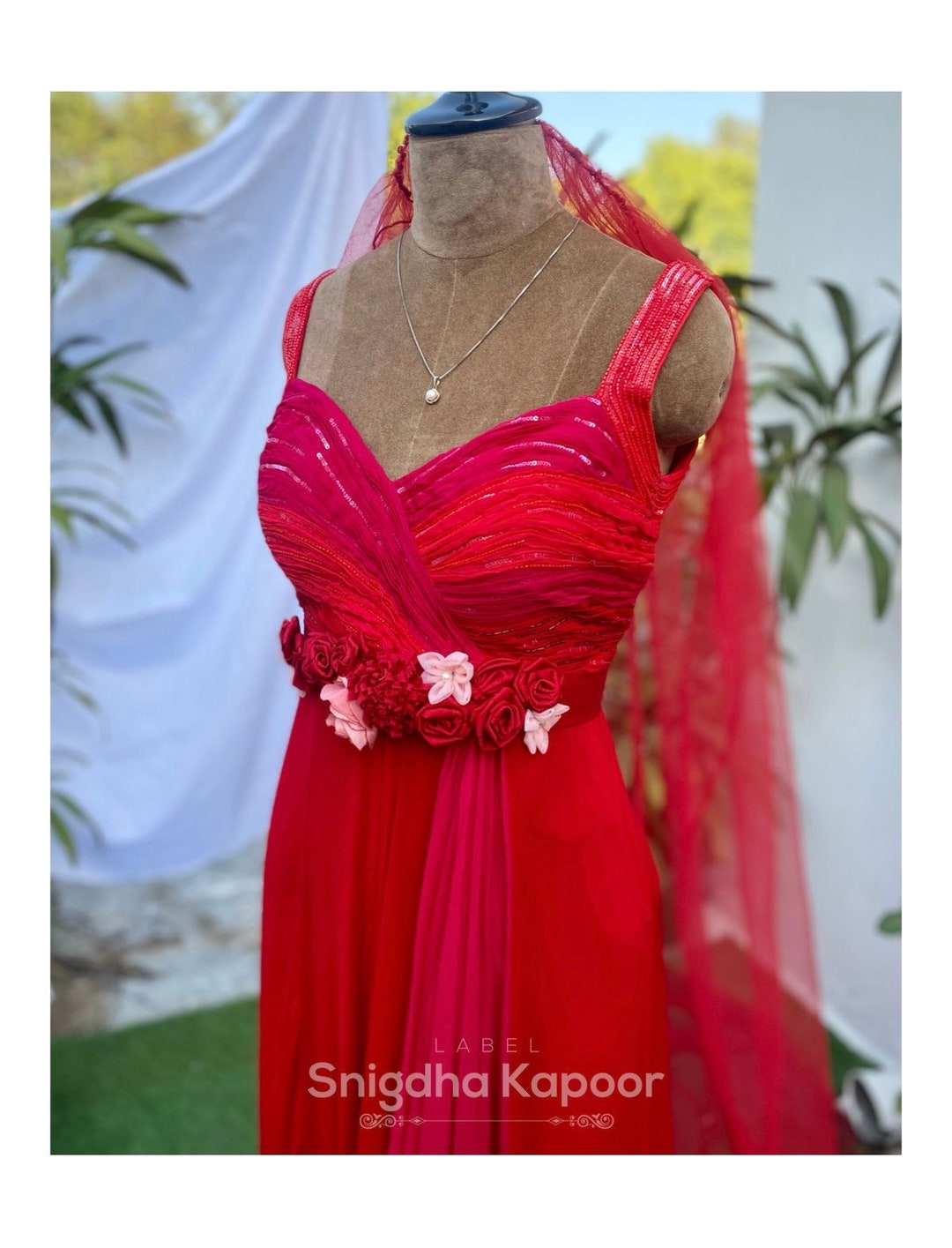 Ruby Red Flowy Wedding Gown Dress With Draped Yoke and Floral ...