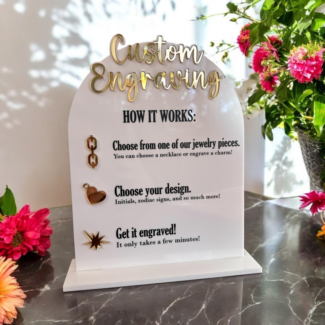 Custom Engraving How It Works Sign, Tabletop Jewelry Vendor Acrylic ...