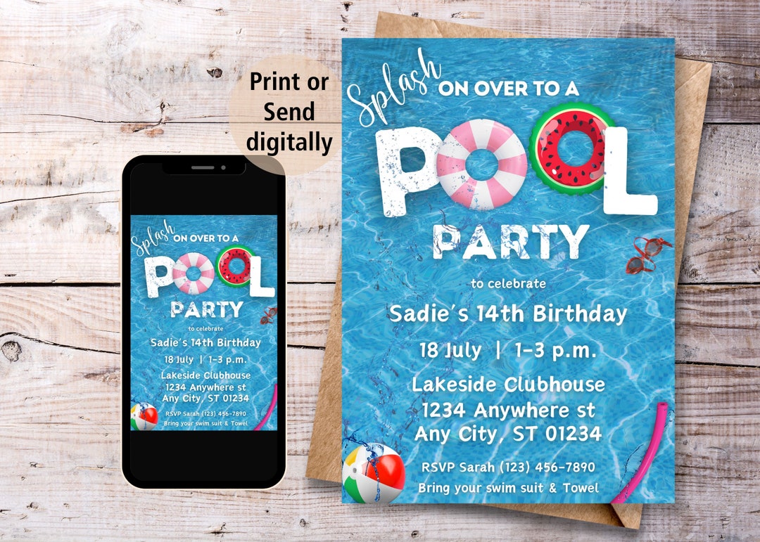 Pool Party Invitation, Pool Birthday Party Evite, Textable Invitation ...