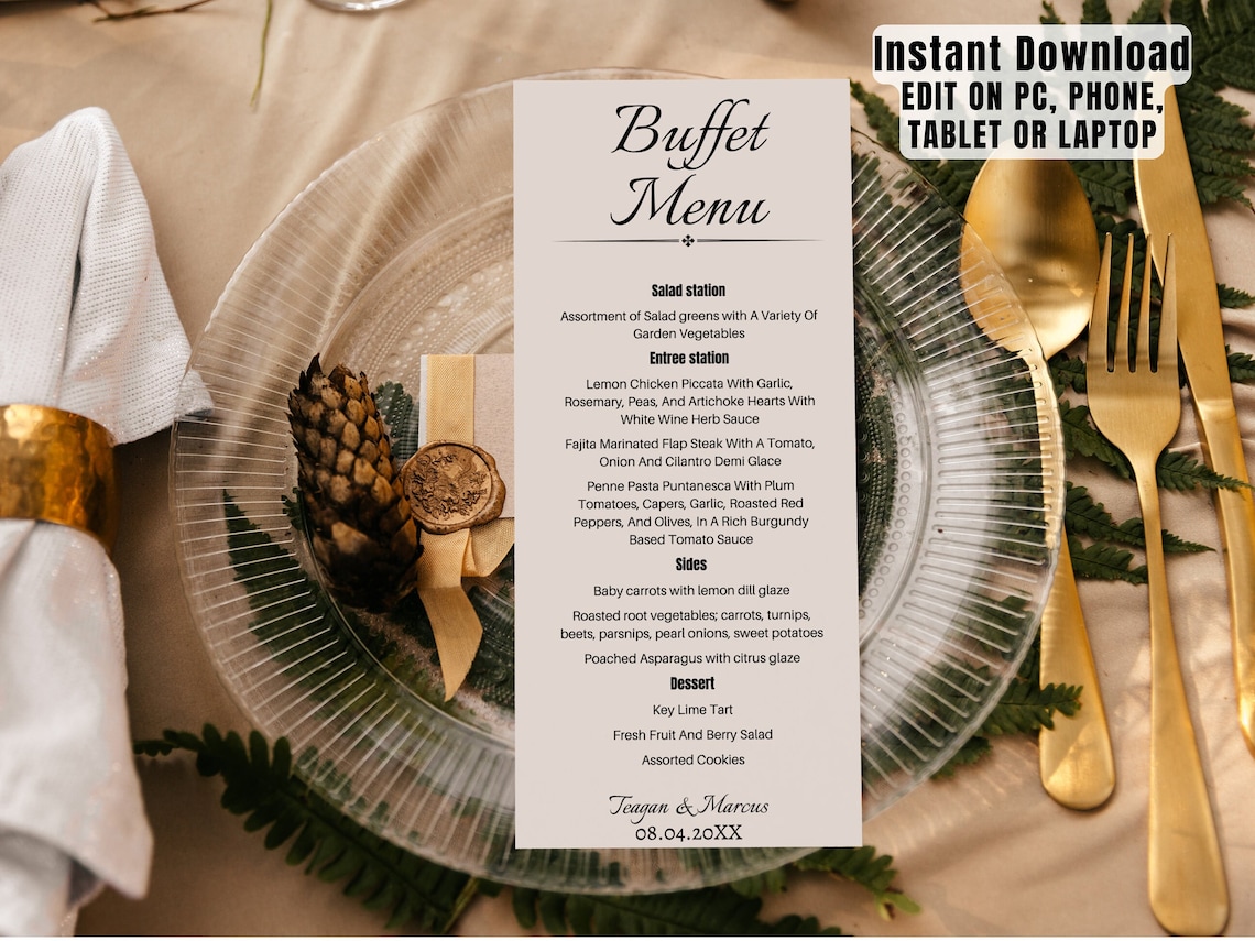 Wedding Buffet Menu Cards, Elegant Buffet Menu Cards, Editable Wedding ...