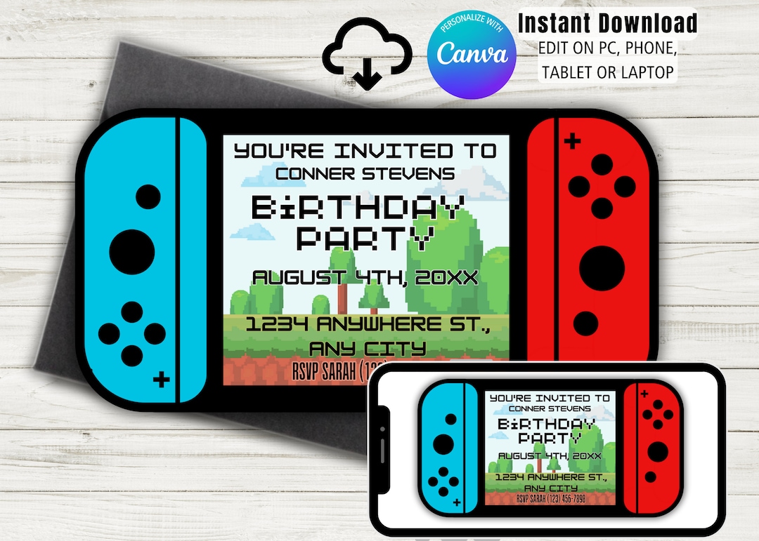 Plantilla de invitación de cumpleaños de videojuego, invitación ...