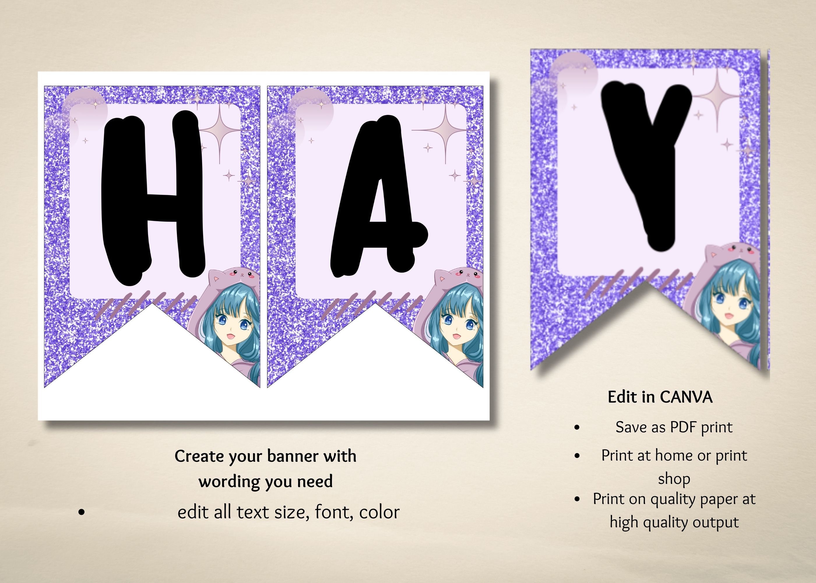 Anime Birthday Banner Template Editable Anime Girl Party - Etsy