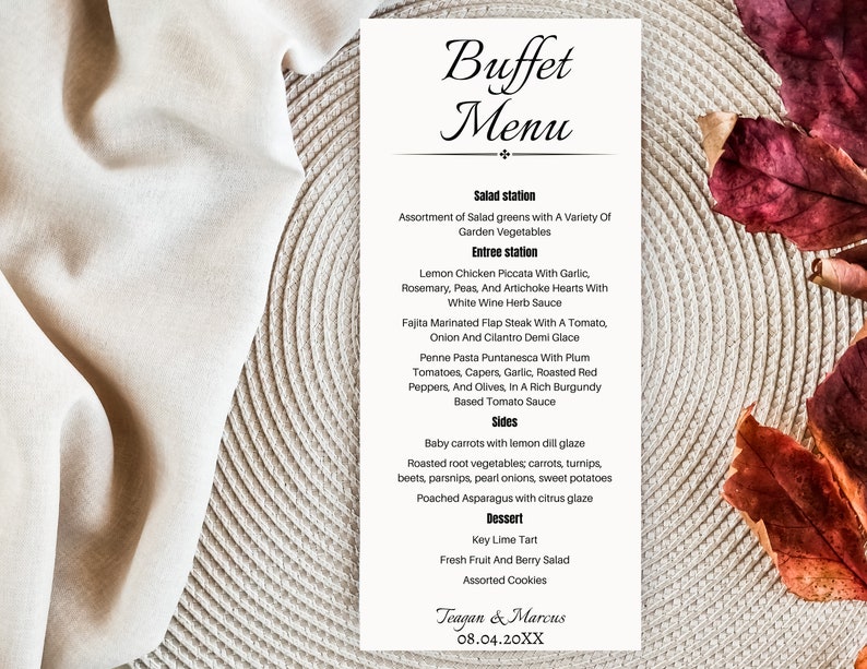 Wedding Buffet Menu Cards, Elegant Buffet Menu Cards, Editable Wedding ...