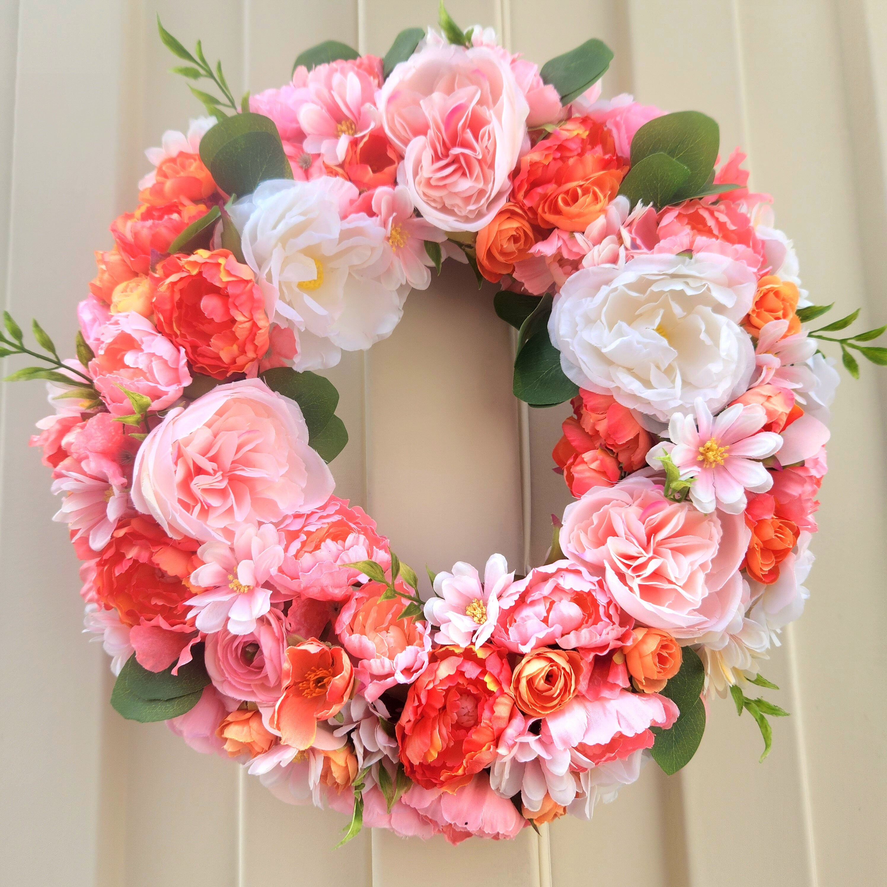 Coral Pink Flower Wreath for Front Door, Spring Flower Wreath, Full ...