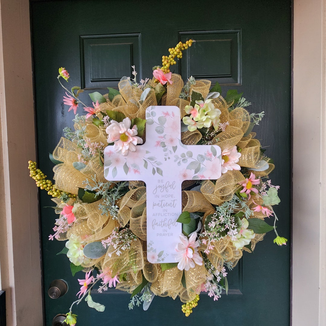 Easter Day Wreath With Cross, Religious Easter Wreath, Pink Theme ...