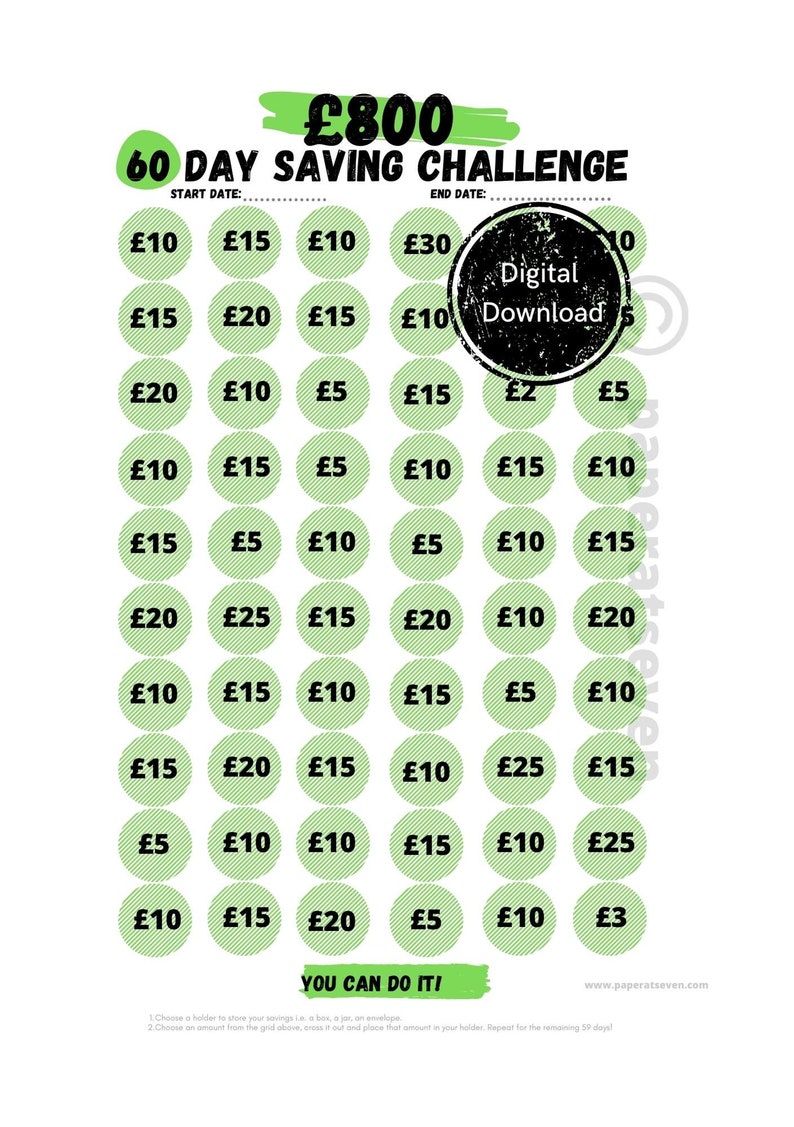 60 Day Digital Download,saving Challenge, 800 Pounds, Printable Cash ...