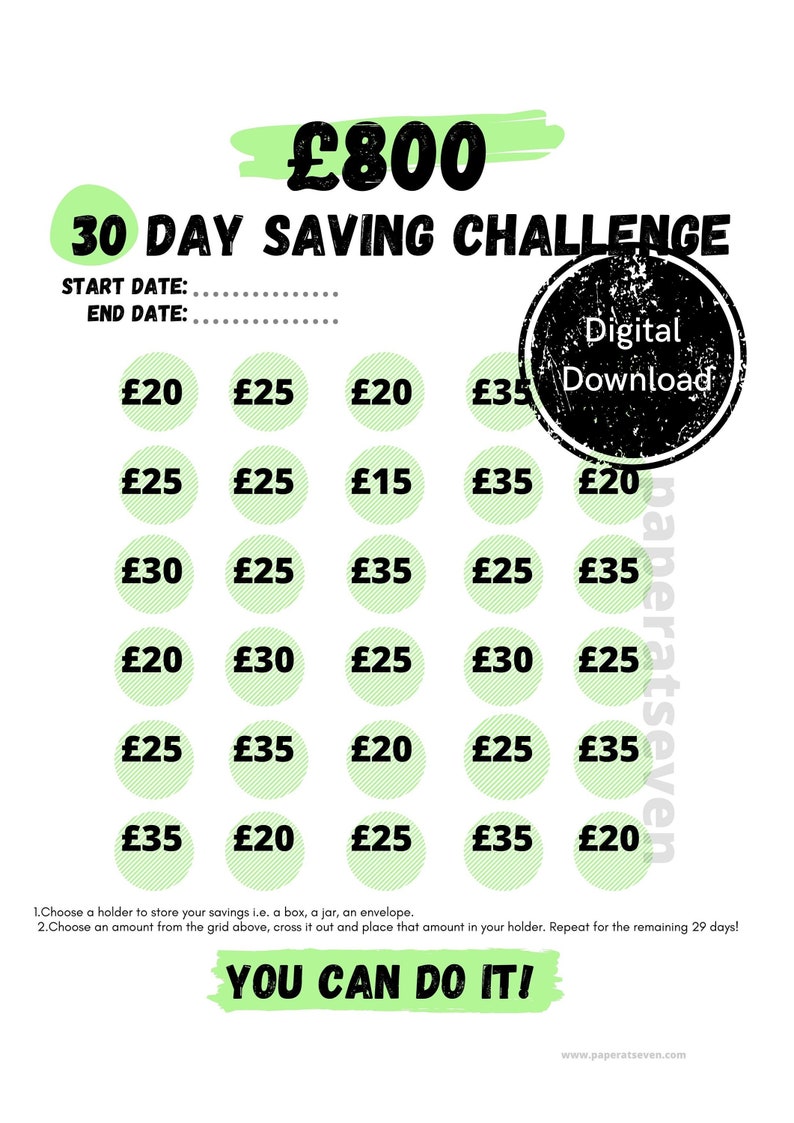 30 Day Saving Challenge, Digital Download, 800 Pounds, Printable Cash ...