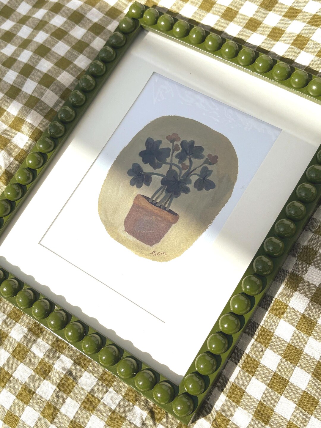 Wooden Green Bobbin Bobble Frame With Pot Plant Art Print, Hand Painted ...