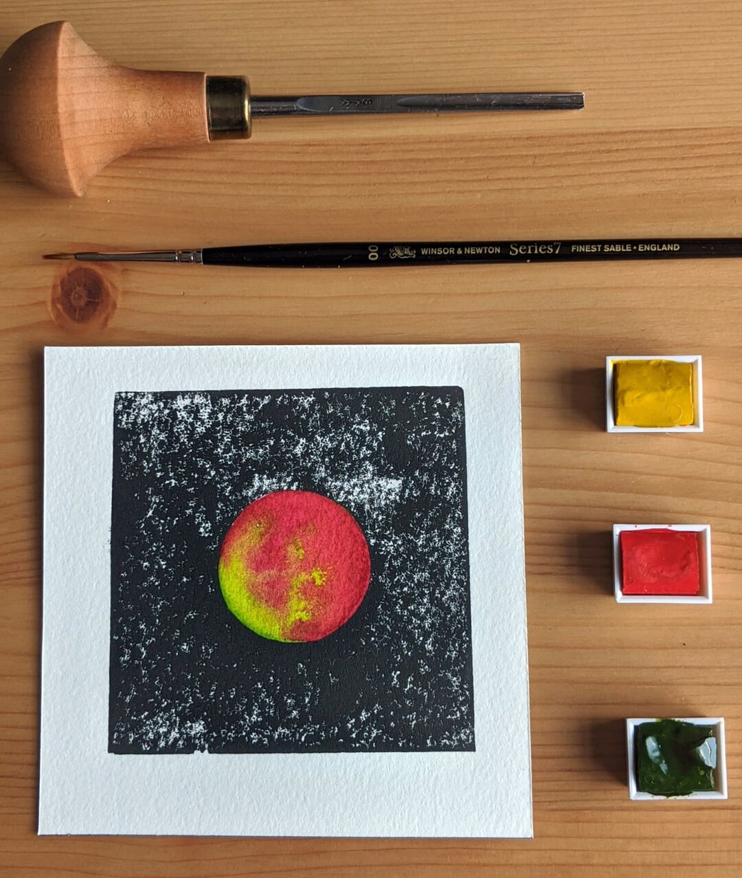 Neon Planet - Original Unique Linocut Hand Finished With Watercolour ...