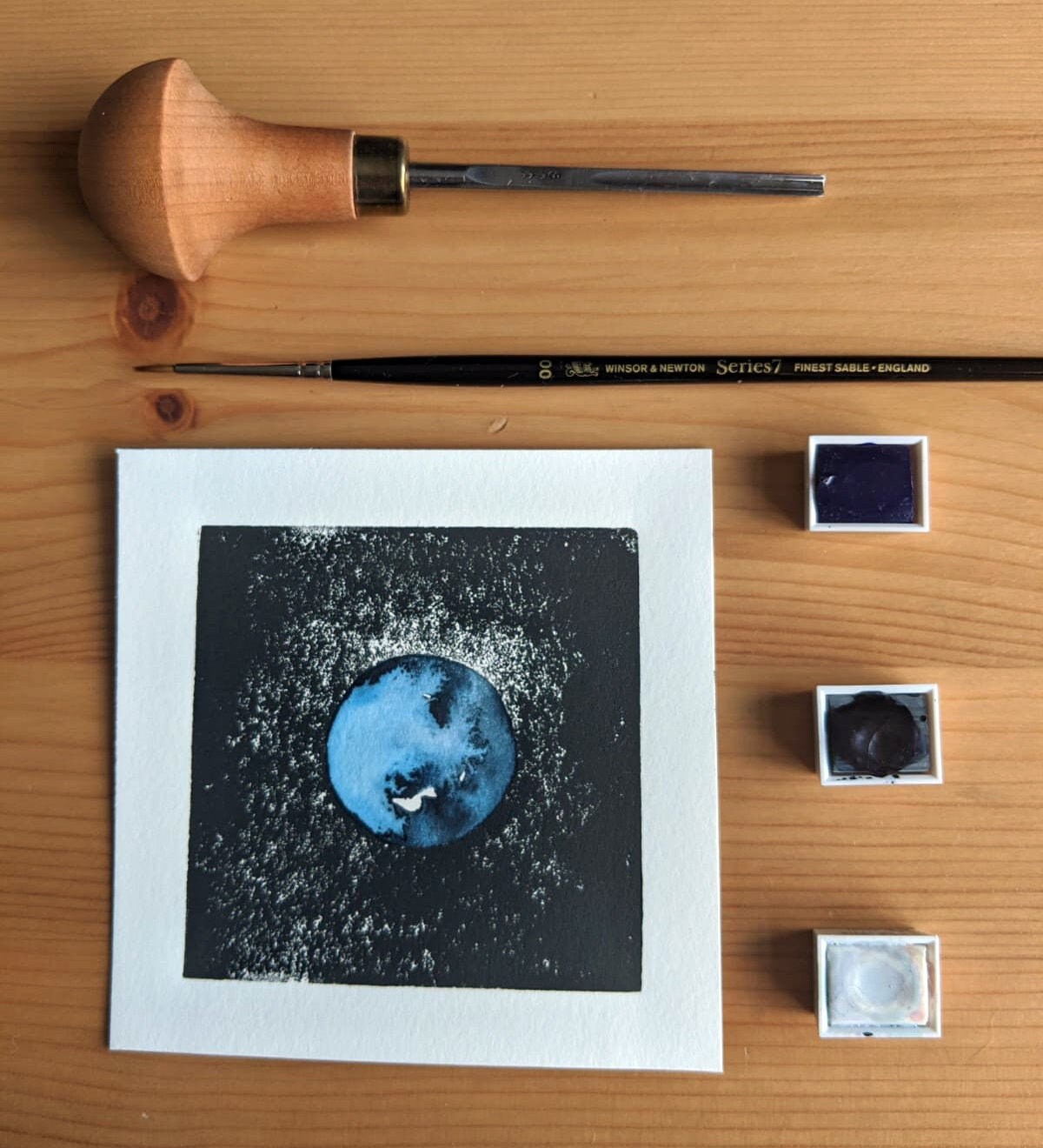 Blue Planet - Original Unique Linocut Hand Finished With Watercolour ...