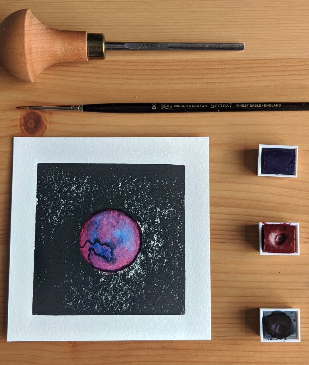 Pink Purple Planet - Original Unique Linocut Hand Finished With ...