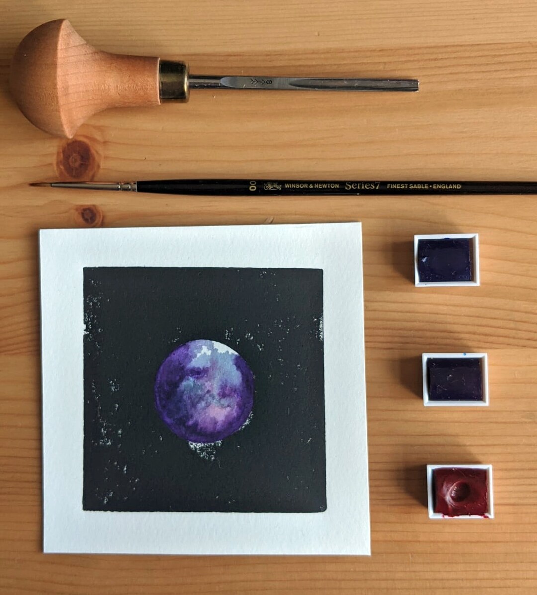 Purple Planet - Original Unique Linocut Hand Finished With Watercolour ...