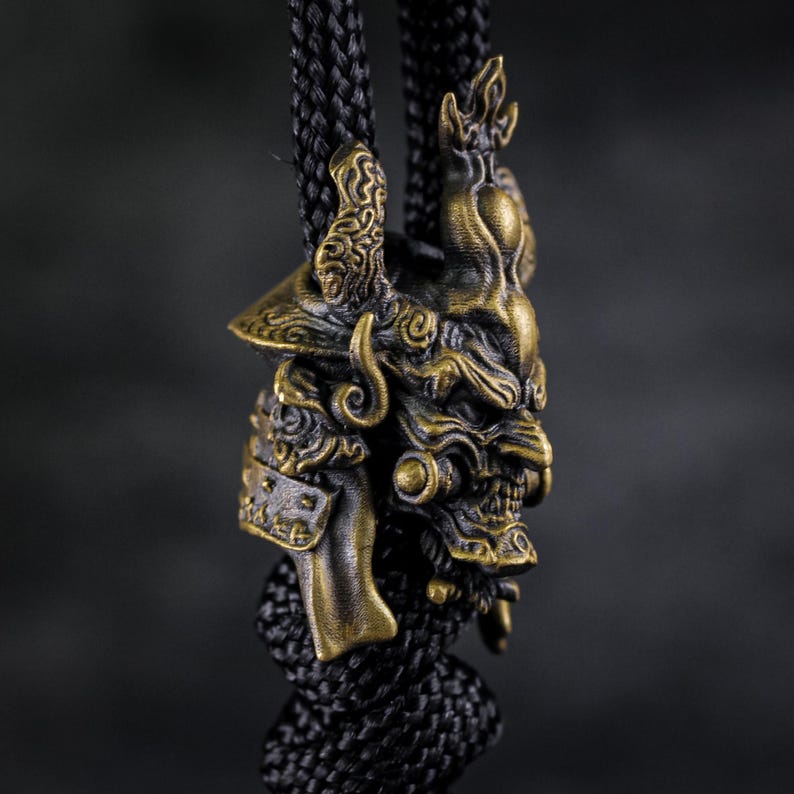Samurai Oni Helmet Brass Bead: Handcrafted Paracord Lanyard Charm - Etsy