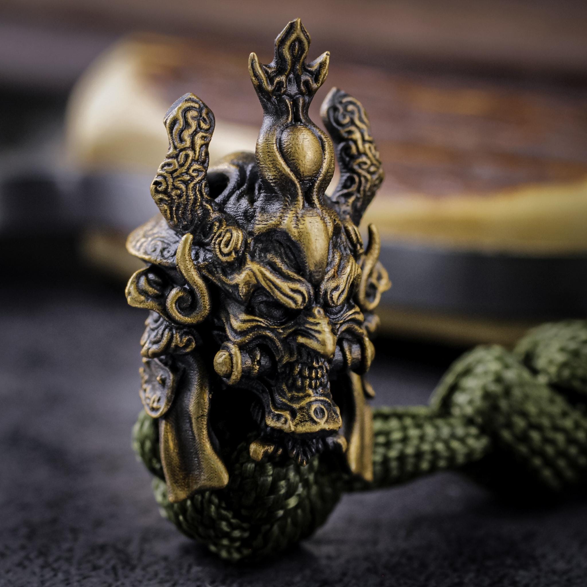 Samurai Oni Helmet Brass Bead: Handcrafted Paracord Lanyard Charm - Etsy