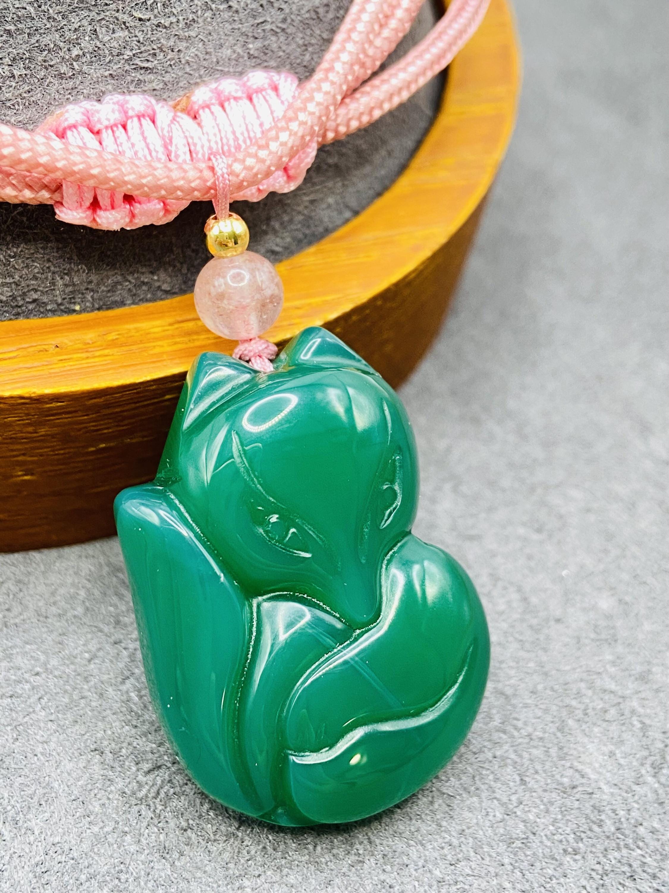 Jade Clever Fox Charm Pendant Necklace | Handmade Carved Gemstone ...