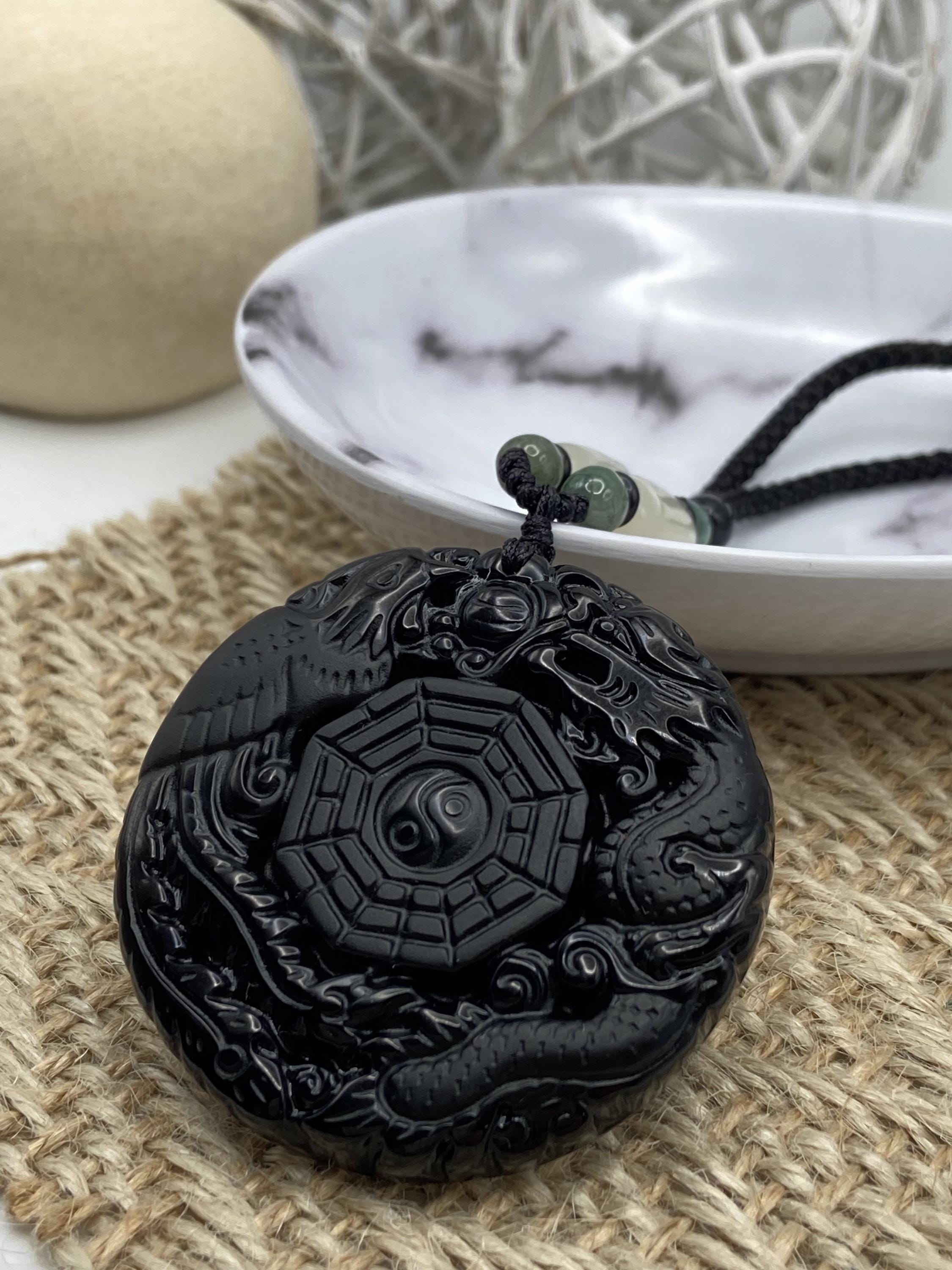Jade Obsidian Dragon Charm Pendant Necklace | Handmade Carved Gemstone ...