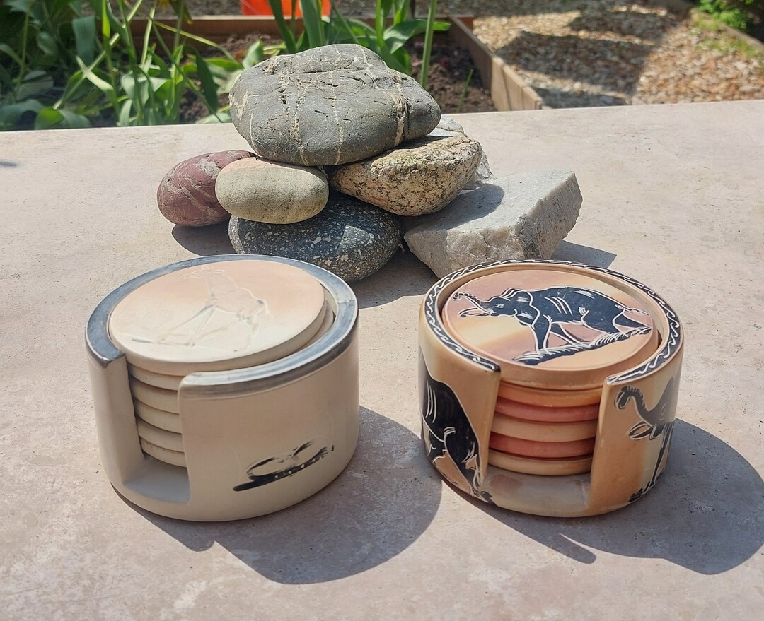 Vintage Hand Painted African Soapstone Coasters and Holder. Beautiful ...