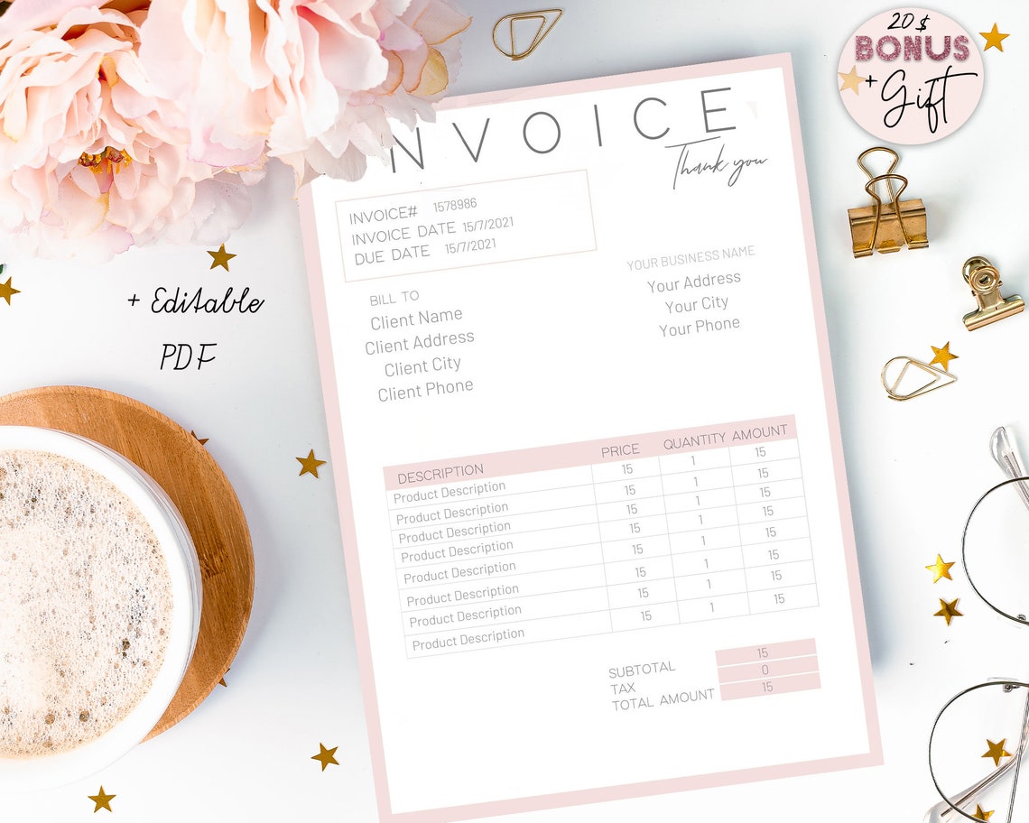 Invoice Editable Template Canvaprintable Invoicepink | Etsy