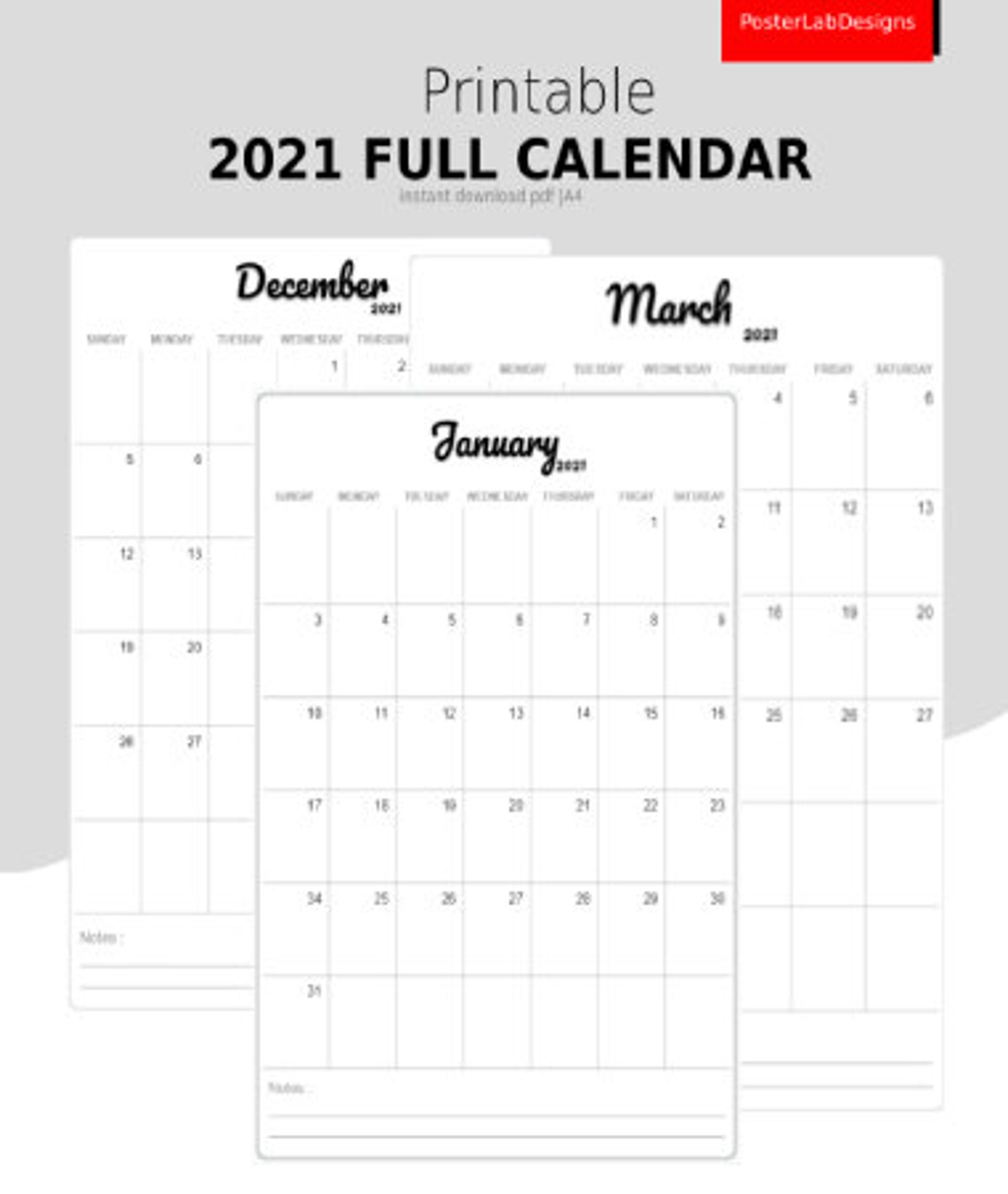 A4 2021 Calendar Digital Download, Calendar Printable 2021, Desk ...