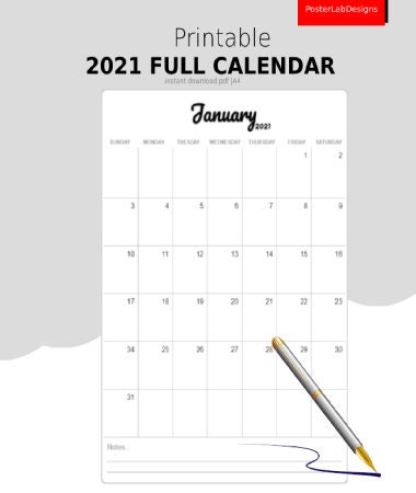 A4 2021 Calendar Digital Download, Calendar Printable 2021, Desk ...