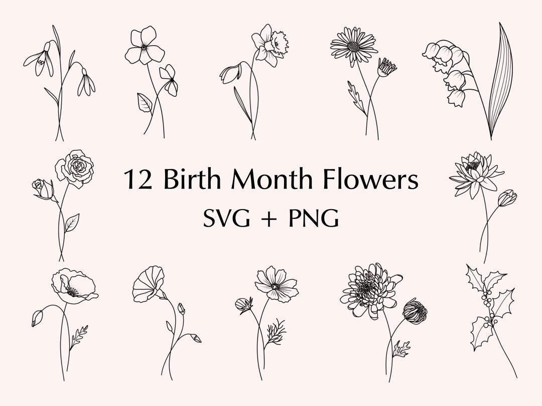 Birth Month Flowers SVG PNG Bundle, Hand Drawn Flowers, Birthday ...