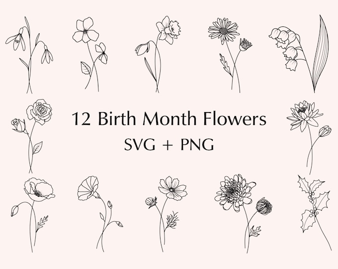 Birth Month Flowers SVG PNG Bundle Hand Drawn Flowers | Etsy