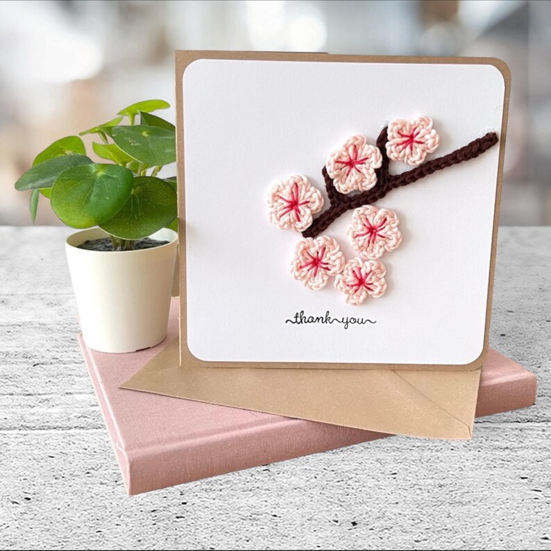 Crochet Cherry Blossom Card, Handmade Crochet Card, Greeting Card ...