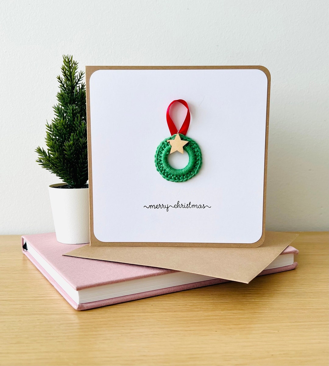 Crochet Christmas Wreath Card, Gift Idea Card, Handmade Crochet Card ...