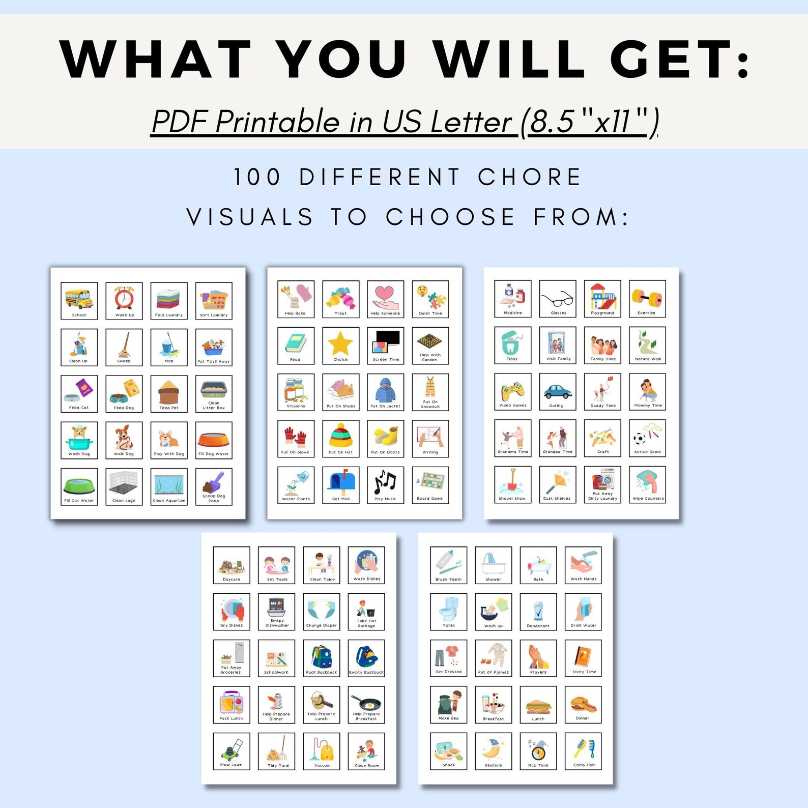 Kids Chore Chart Routine Cards Visual ASD Chart Daily Responsibilities ...