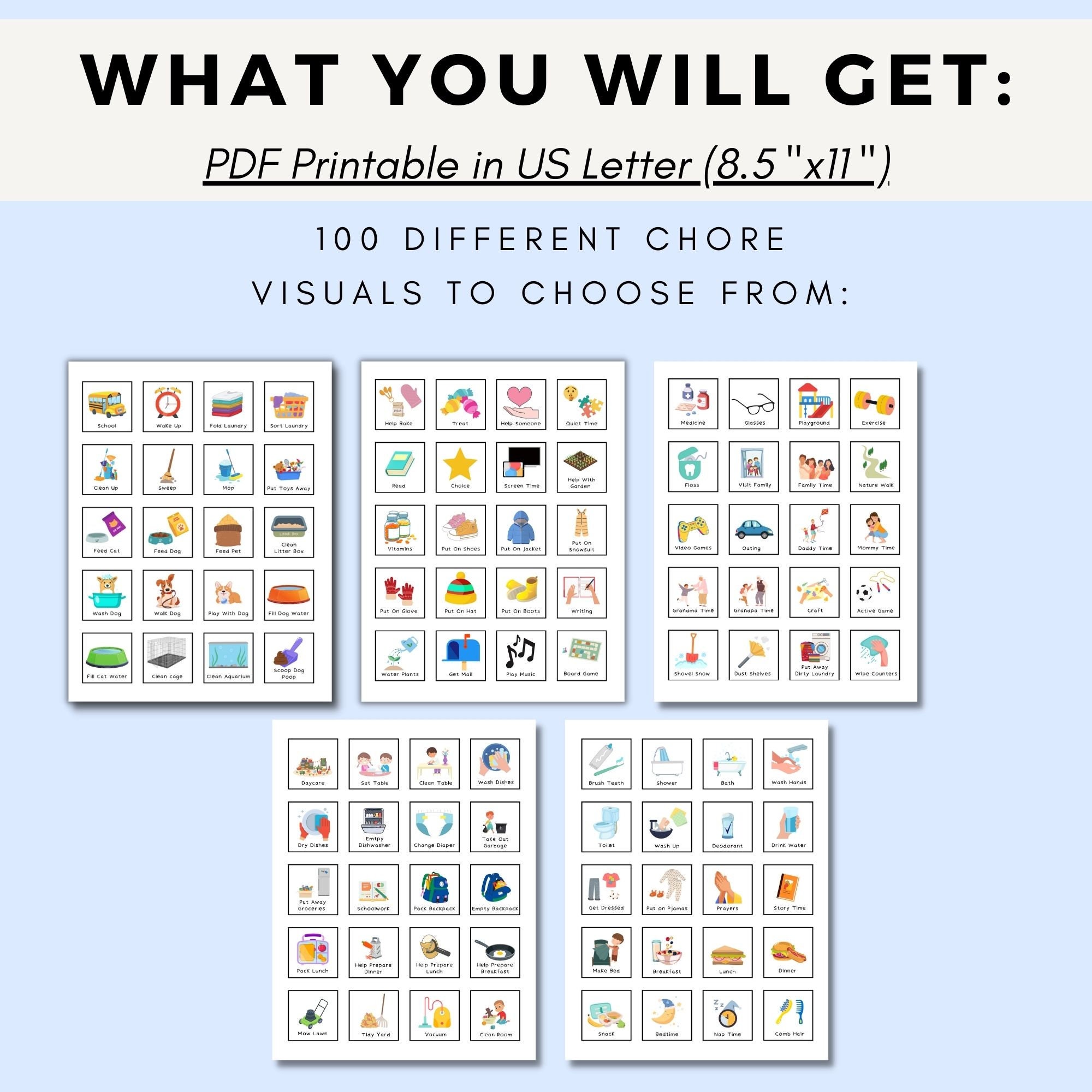 Kids Chore Chart Routine Cards Visual ASD Chart Daily Responsibilities ...