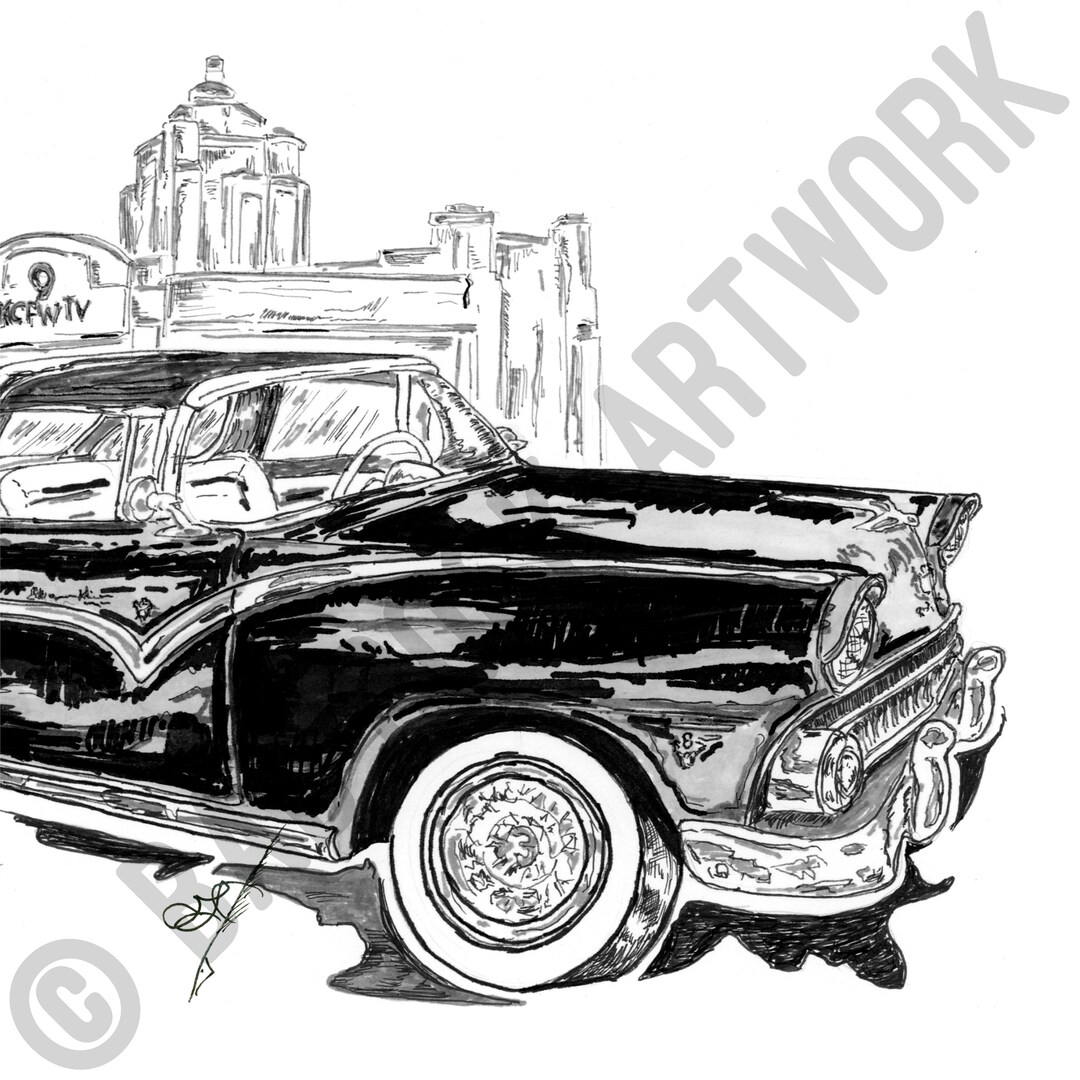 Vintage 1955 Crown Victoria With KCFW Building Black and White ...