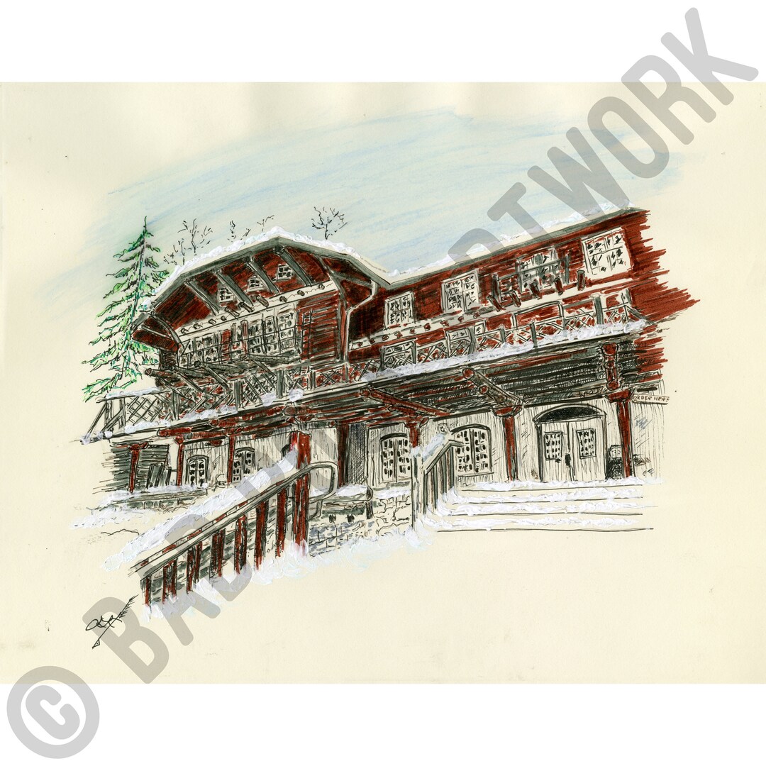 Lake Mcdonald Hotel in Winter, Glacier National Park Montana Watercolor ...