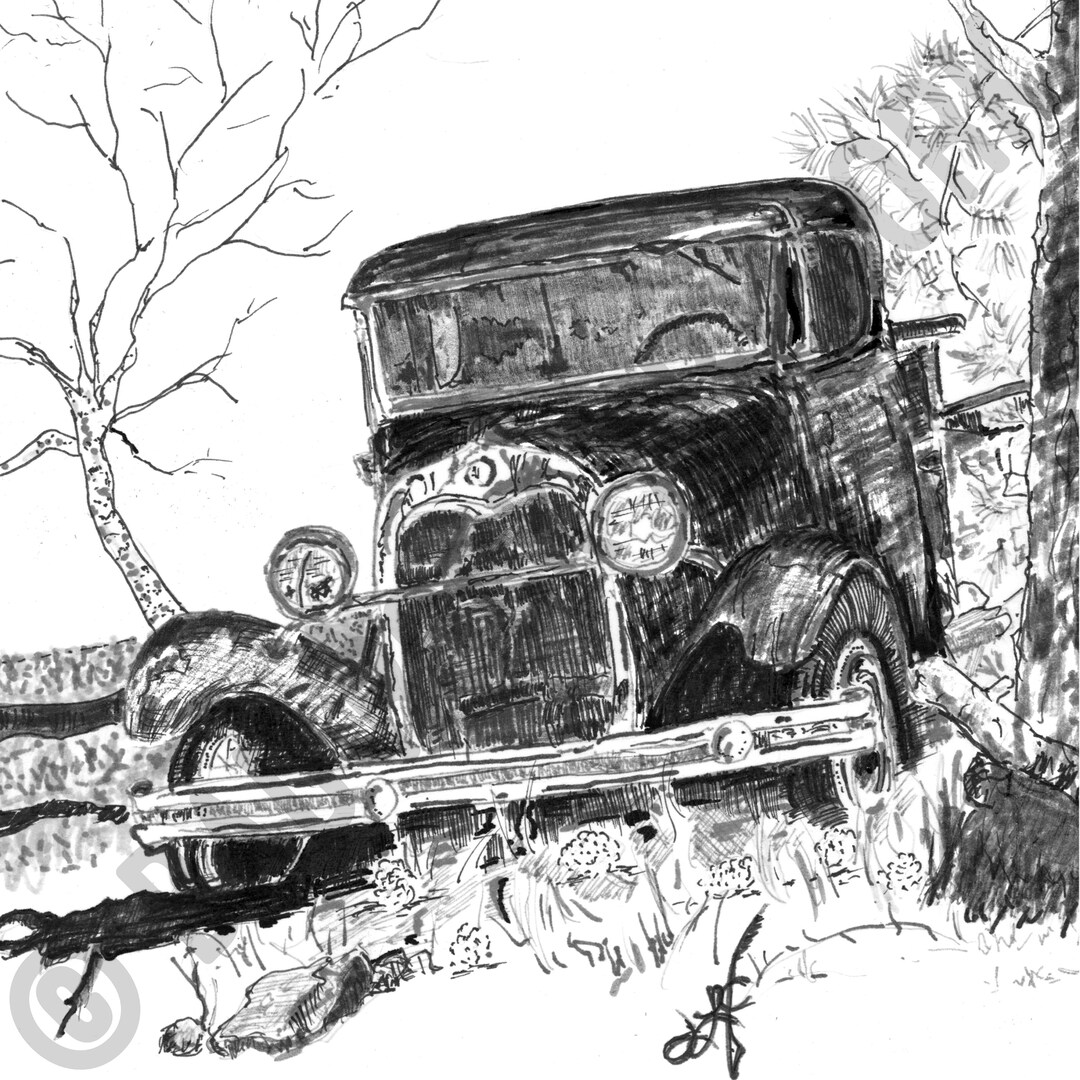 Vintage Truck out to Pasture Black and White Montana Art Watercolor ...