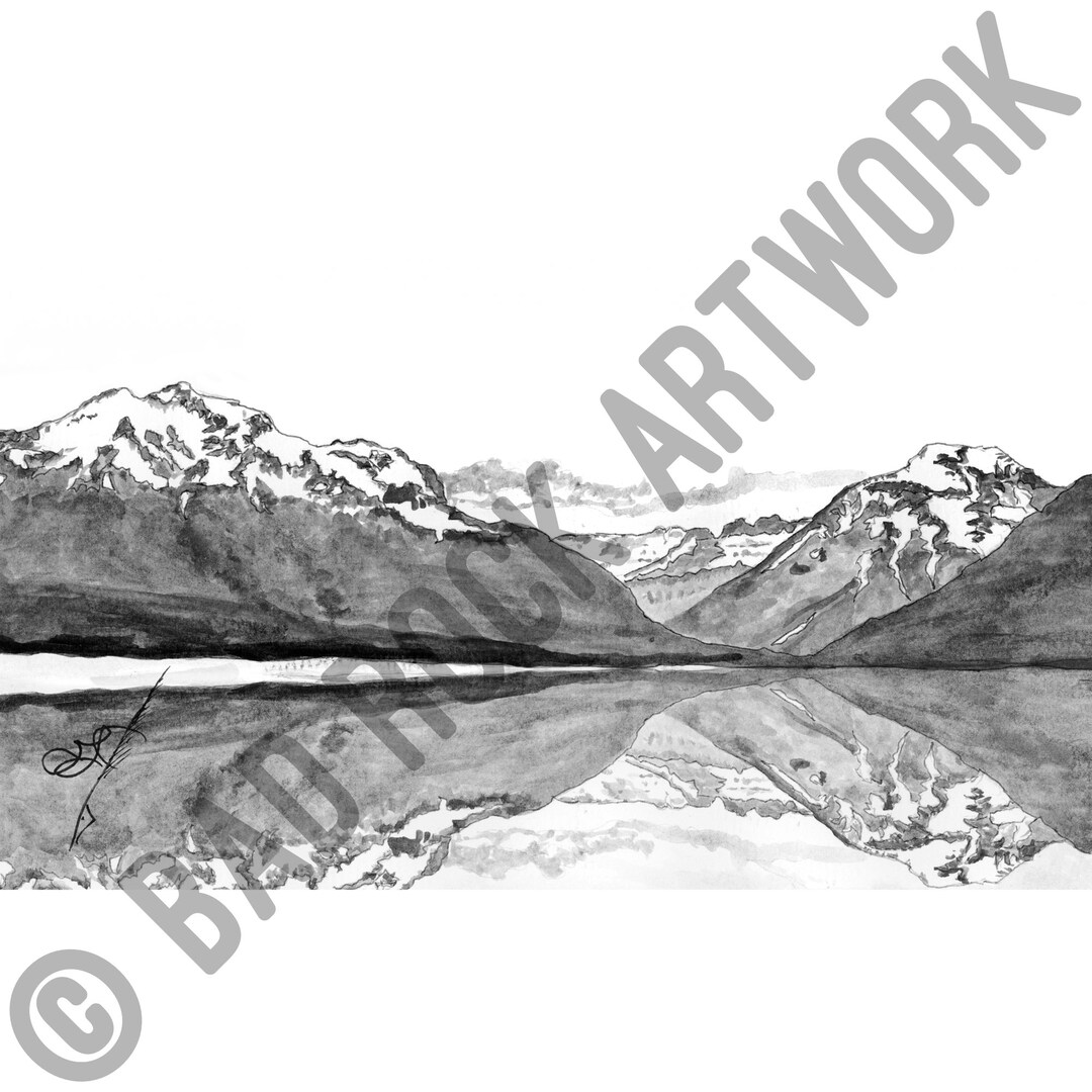 Lake Mcdonald Black and White Mirror Glacier National Park Watercolor ...
