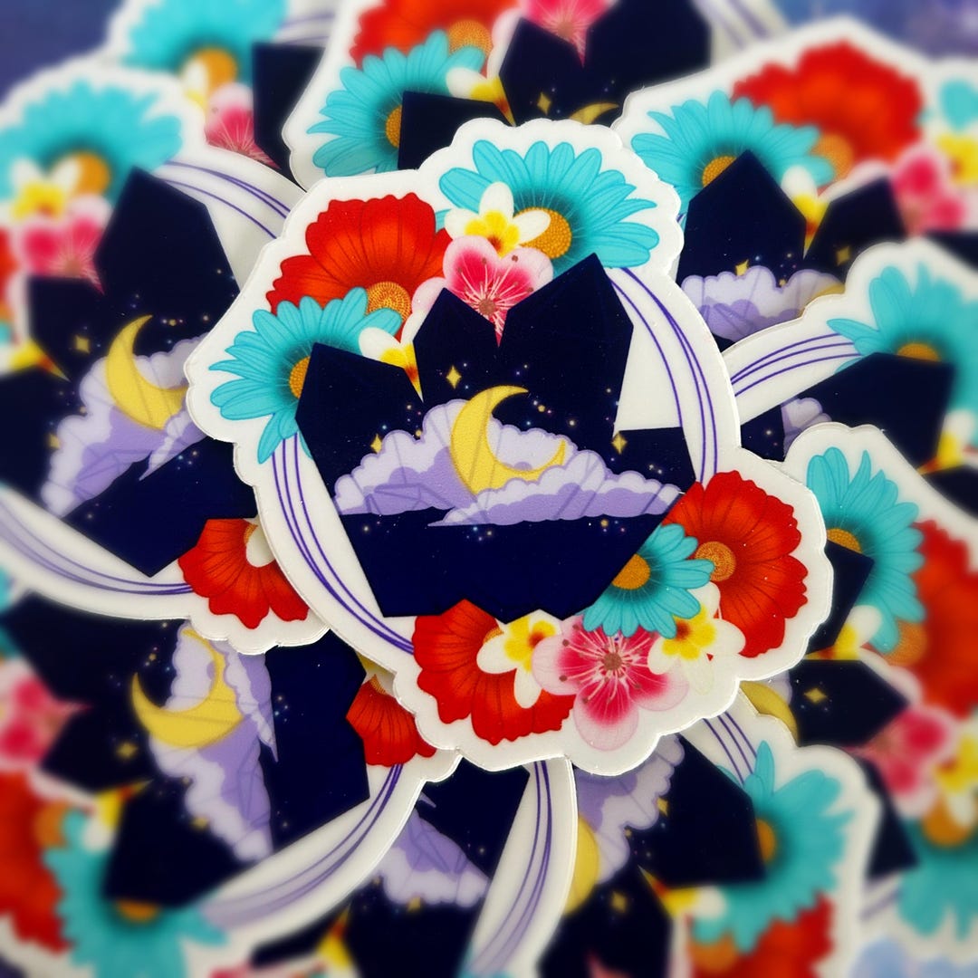 Crystal & Floral Sticker | Moon and Stars Sticker | Night Sticker | 3 ...