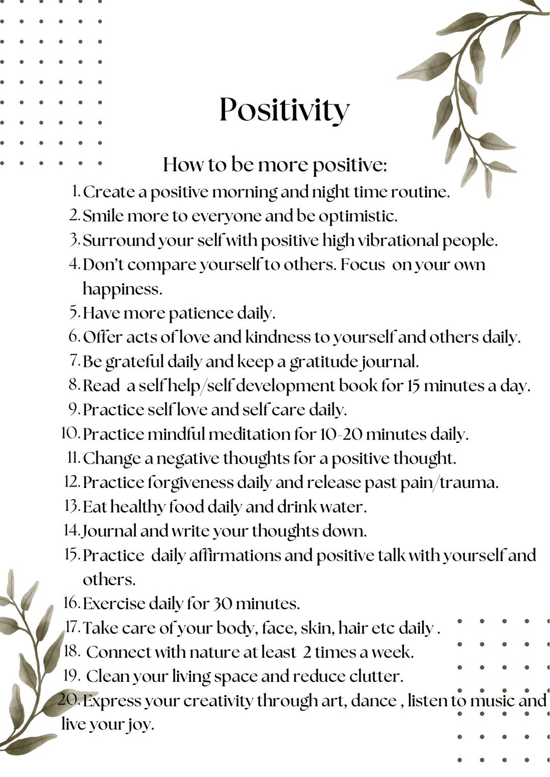 Positivity Checklist Helpsheet tips Instant Download Gratitude ...