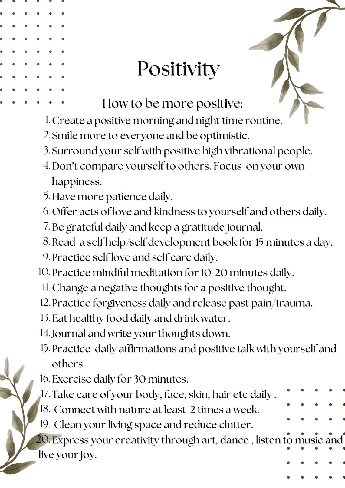 Positivity Checklist Helpsheet tips Instant Download Gratitude ...