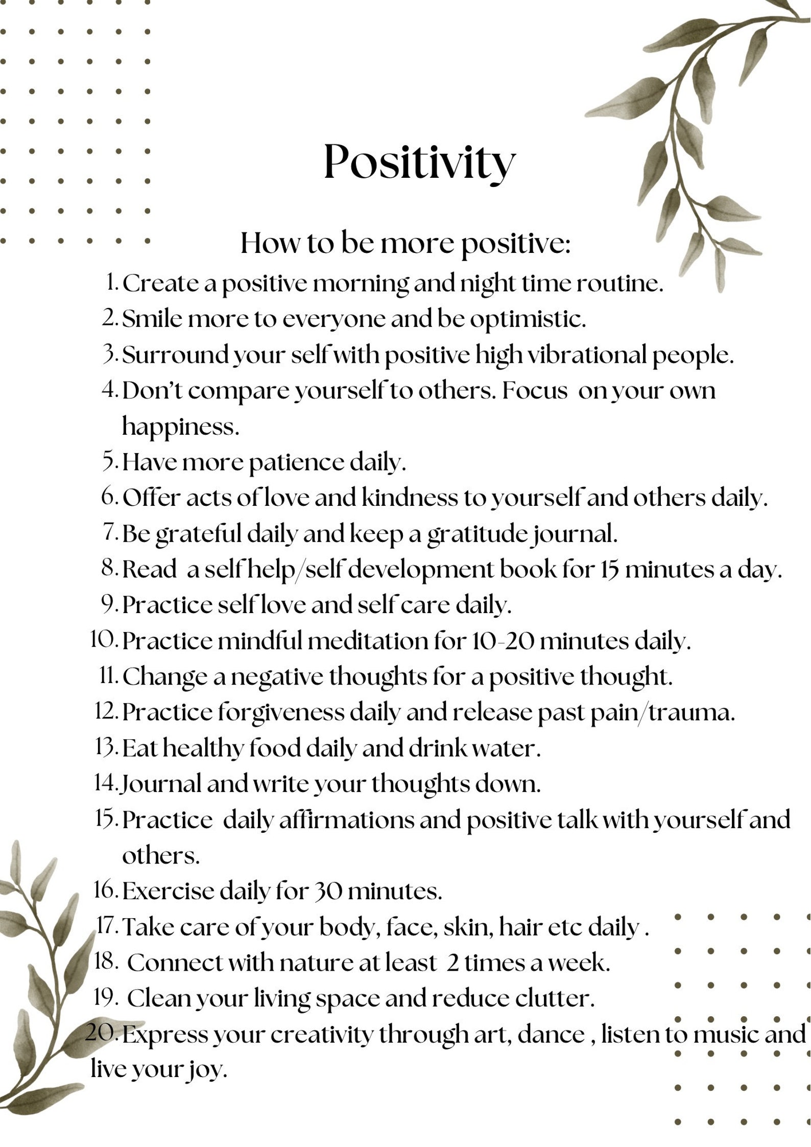 Positivity Checklist Helpsheet tips Instant Download Gratitude ...