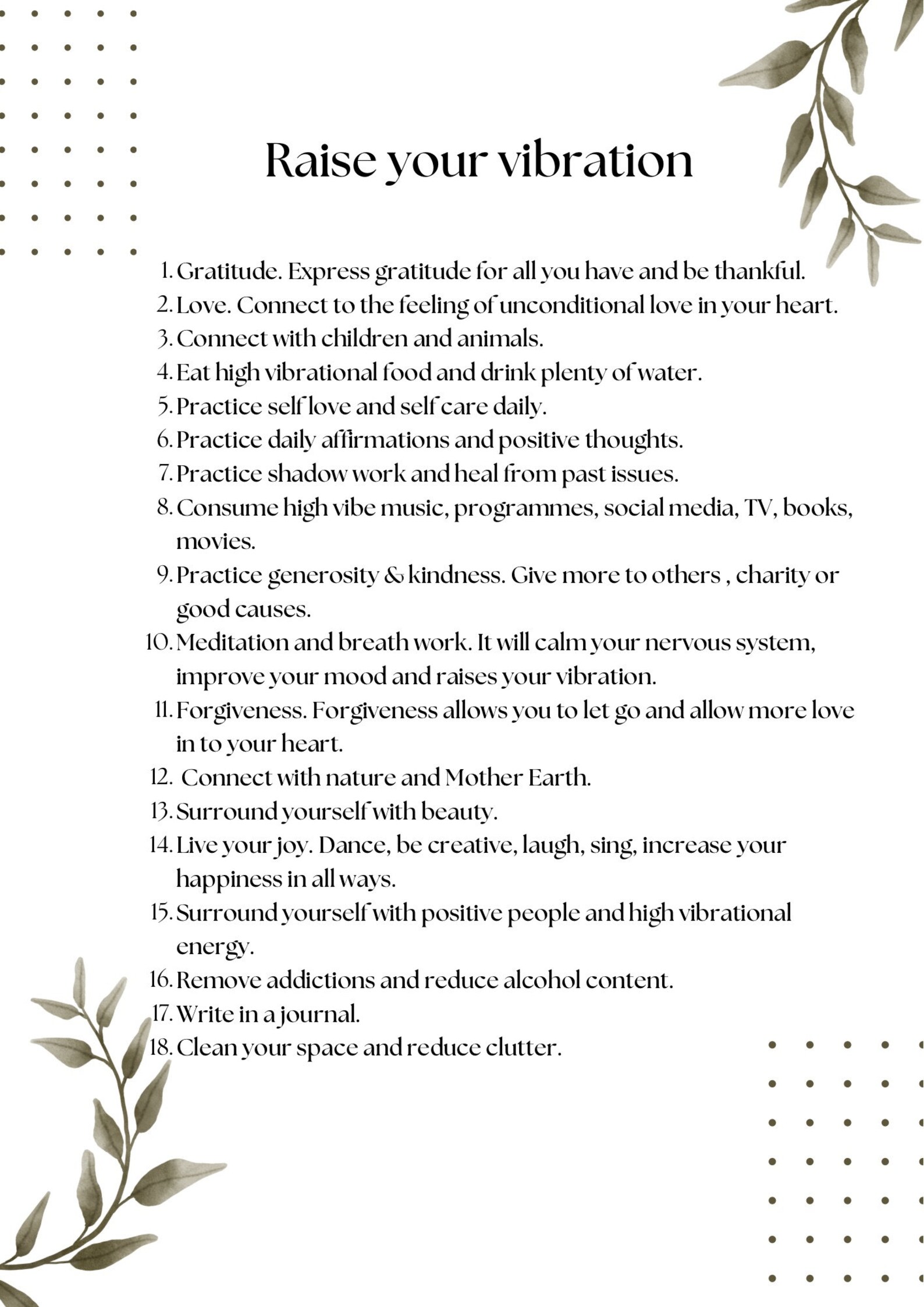 Raise Your Vibration Checklist | Helpsheet| Instant Download ...