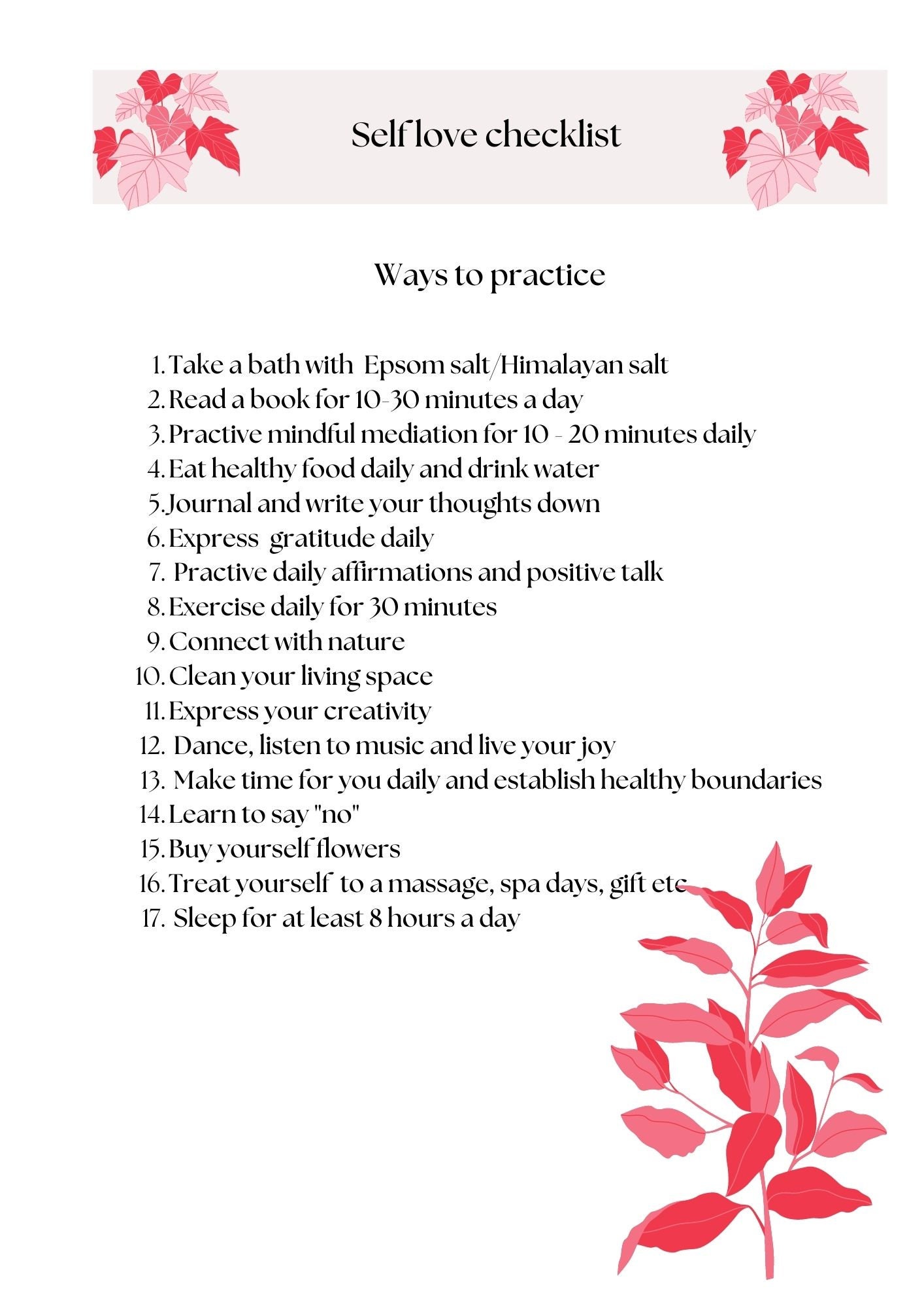 Self Love Checklist Instant Download Gratitude Mindfulness Wellness