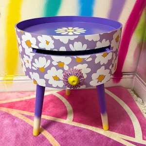 Lilac Daisy Circular Bed Side Table With Inbuilt Drawer and Flower ...