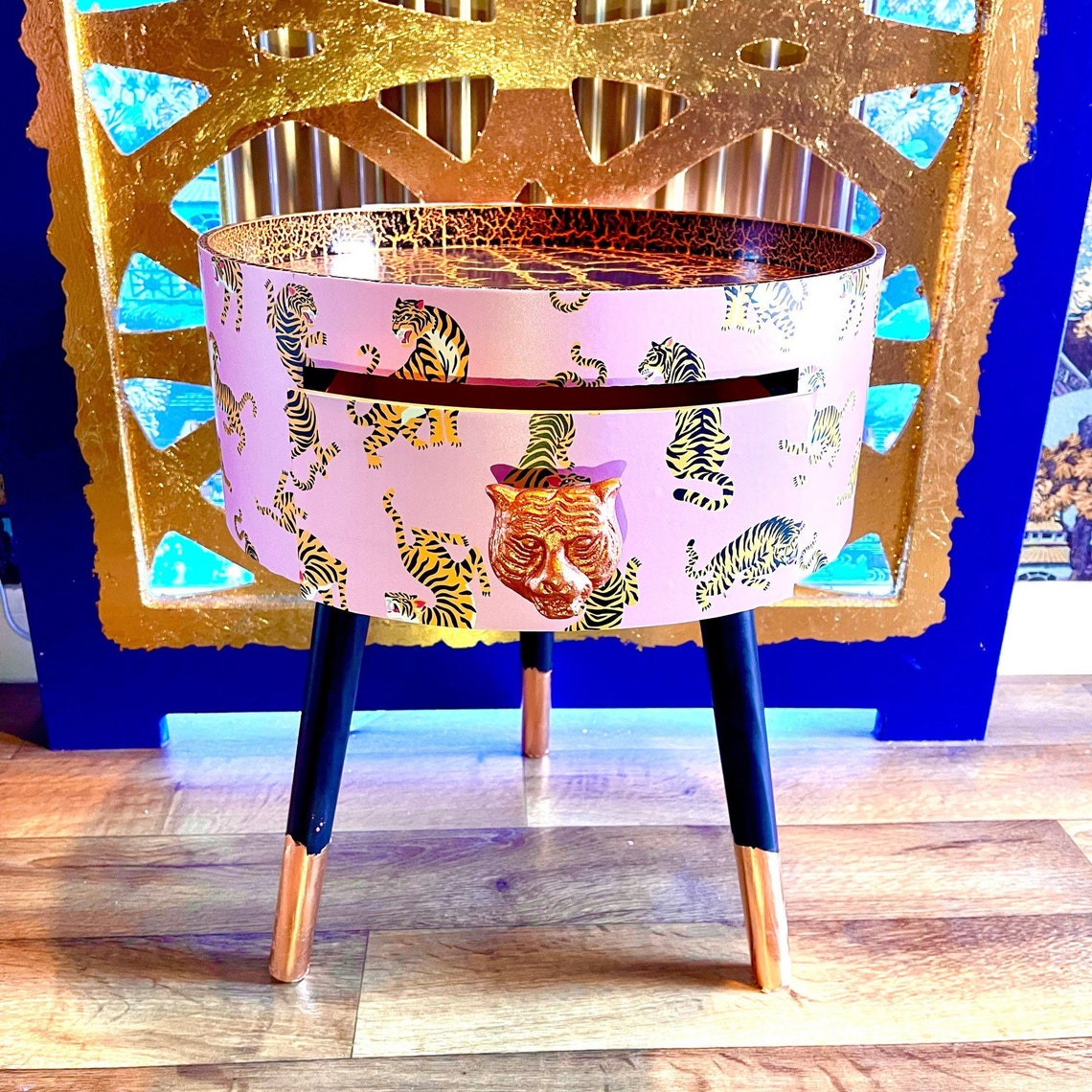 Round Wooden Side Table With Drawer. Tiger Print in 6 Colours - Etsy