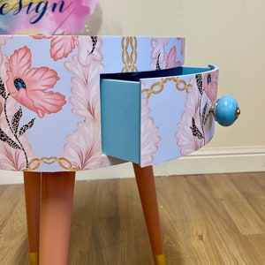 Light Blue and Apricot Bedside Table. Round Wooden Table With Drawer in ...