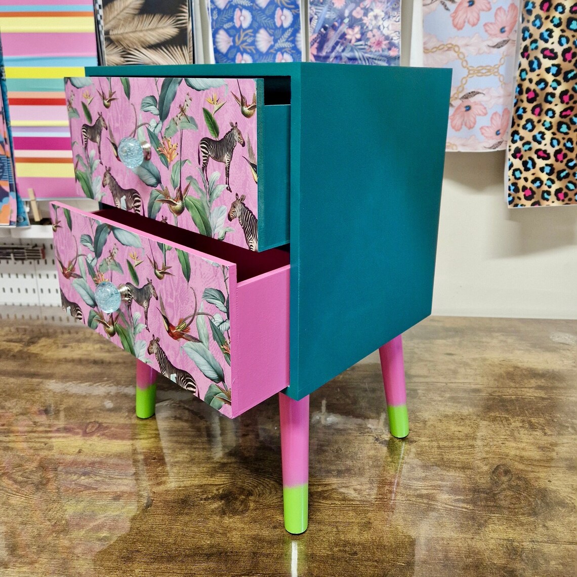 Pine Teal Green & Flamingo Pink Square Bedside Table, Two Drawers ...