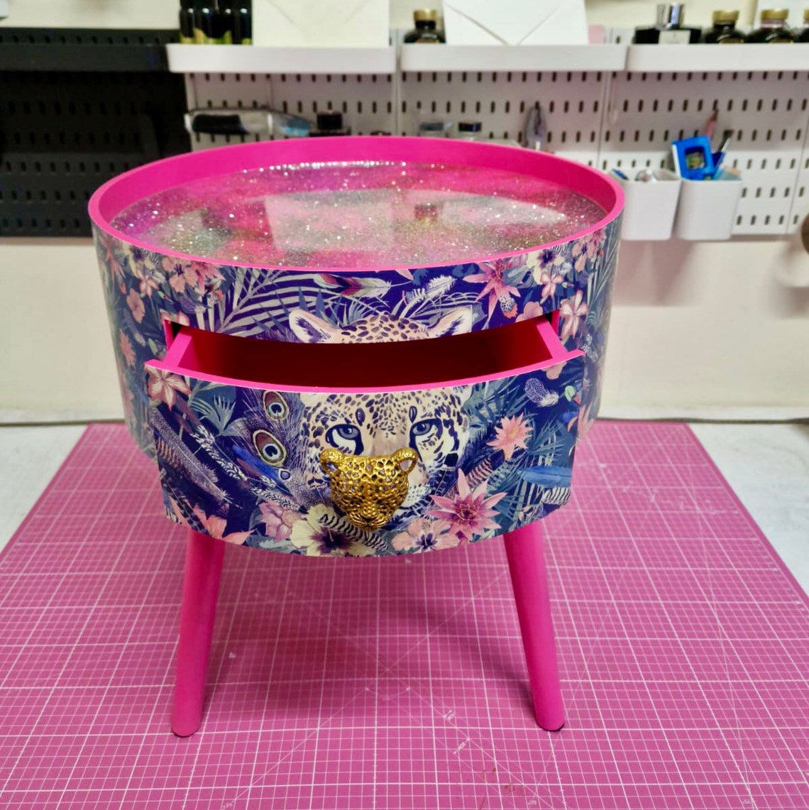 Hot Pink Leopard Side Table, Leopard and Floral Design. Glitter Top ...